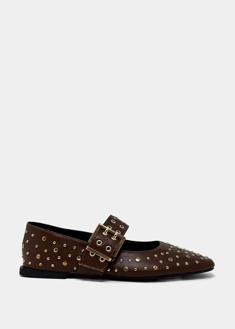 Avril Brown Studded Flats – Statement Buckle Ballet Shoes – SHUSHOP